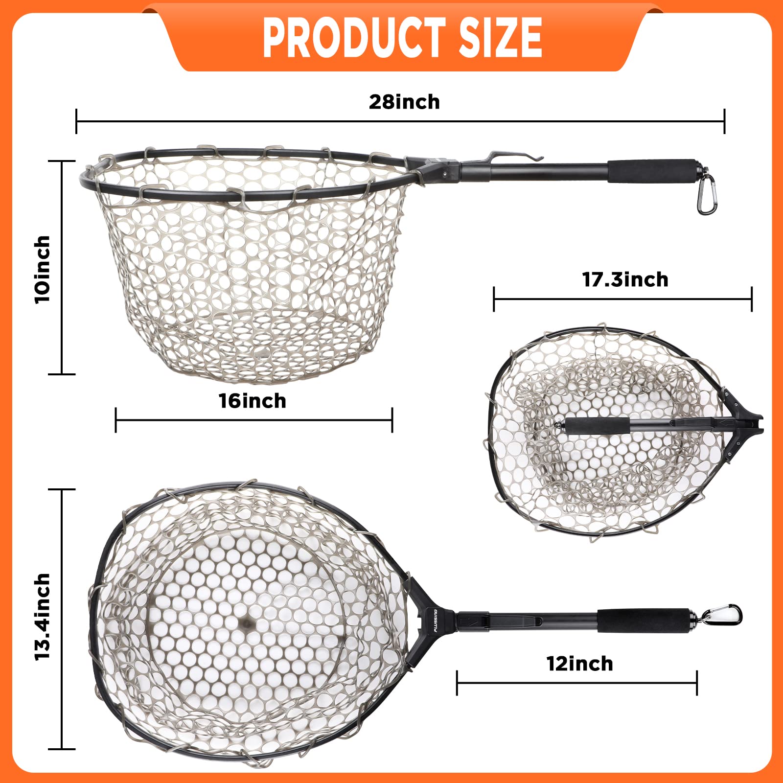 PLUSINNO Fly Fishing Net Fish Landing Net, Trout Bass Net Soft Rubber Mesh Catch and Release Net (16" x 13" Hoop Size)