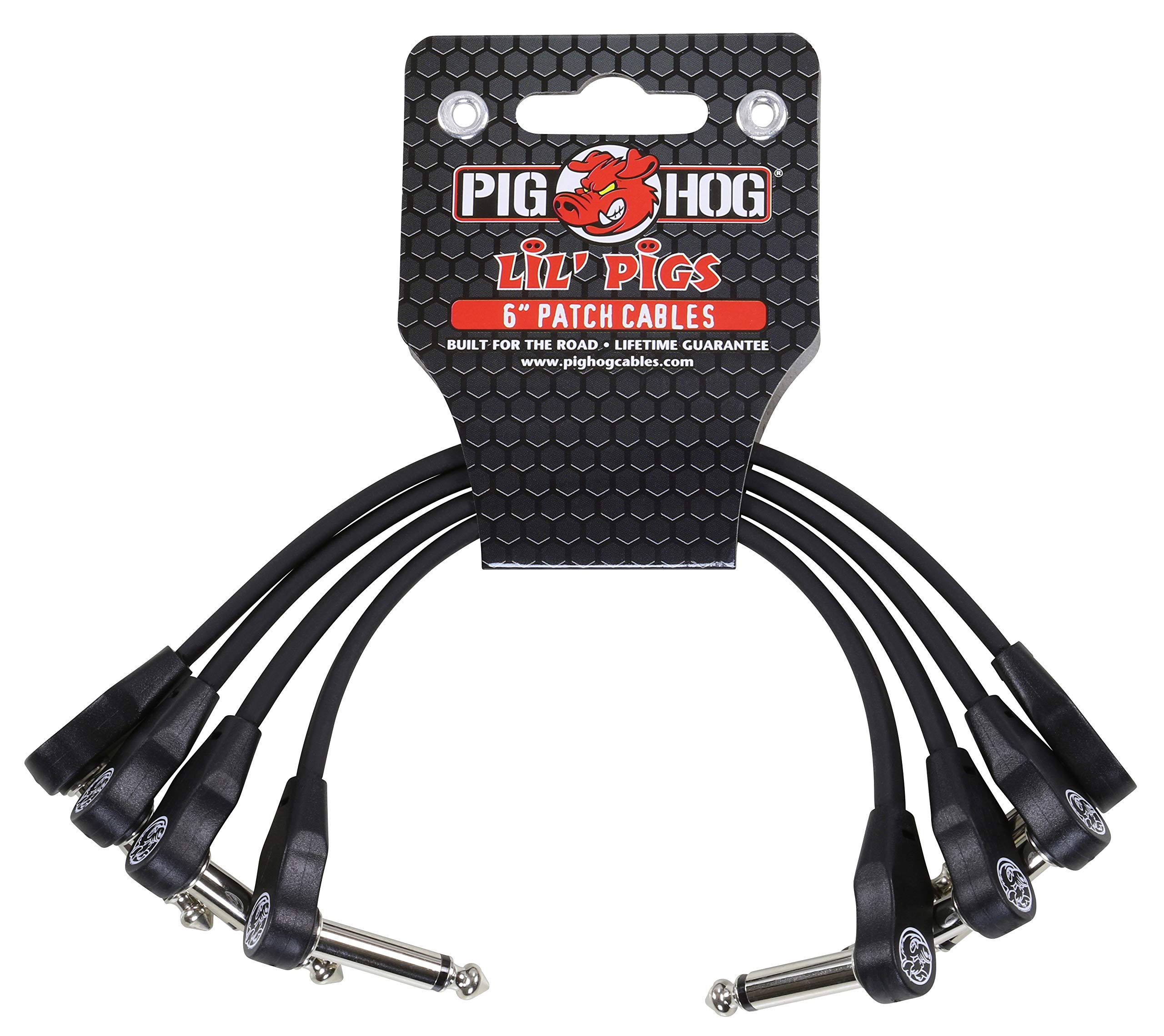 Pig Hog PHLSK6BK Lil' Pigs Low Profile Right-Angle 1/4" Black Instrument Patch Cables, 6" (4 Pack)