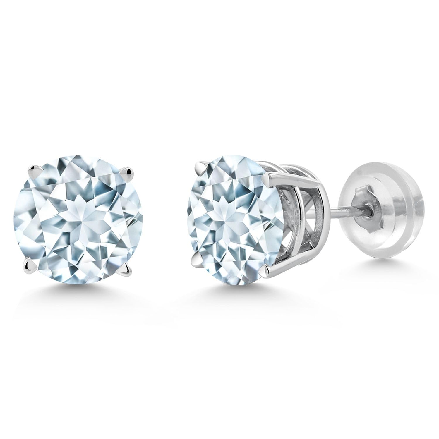 Gem Stone King 14K White Gold Sky Blue Aquamarine Stud Earrings For Women (1.50 Cttw, Gemstone Birthstone, Round 6MM)