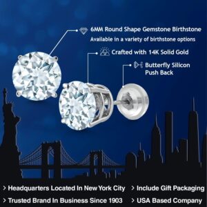 Gem Stone King 14K White Gold Sky Blue Aquamarine Stud Earrings For Women (1.50 Cttw, Gemstone Birthstone, Round 6MM)