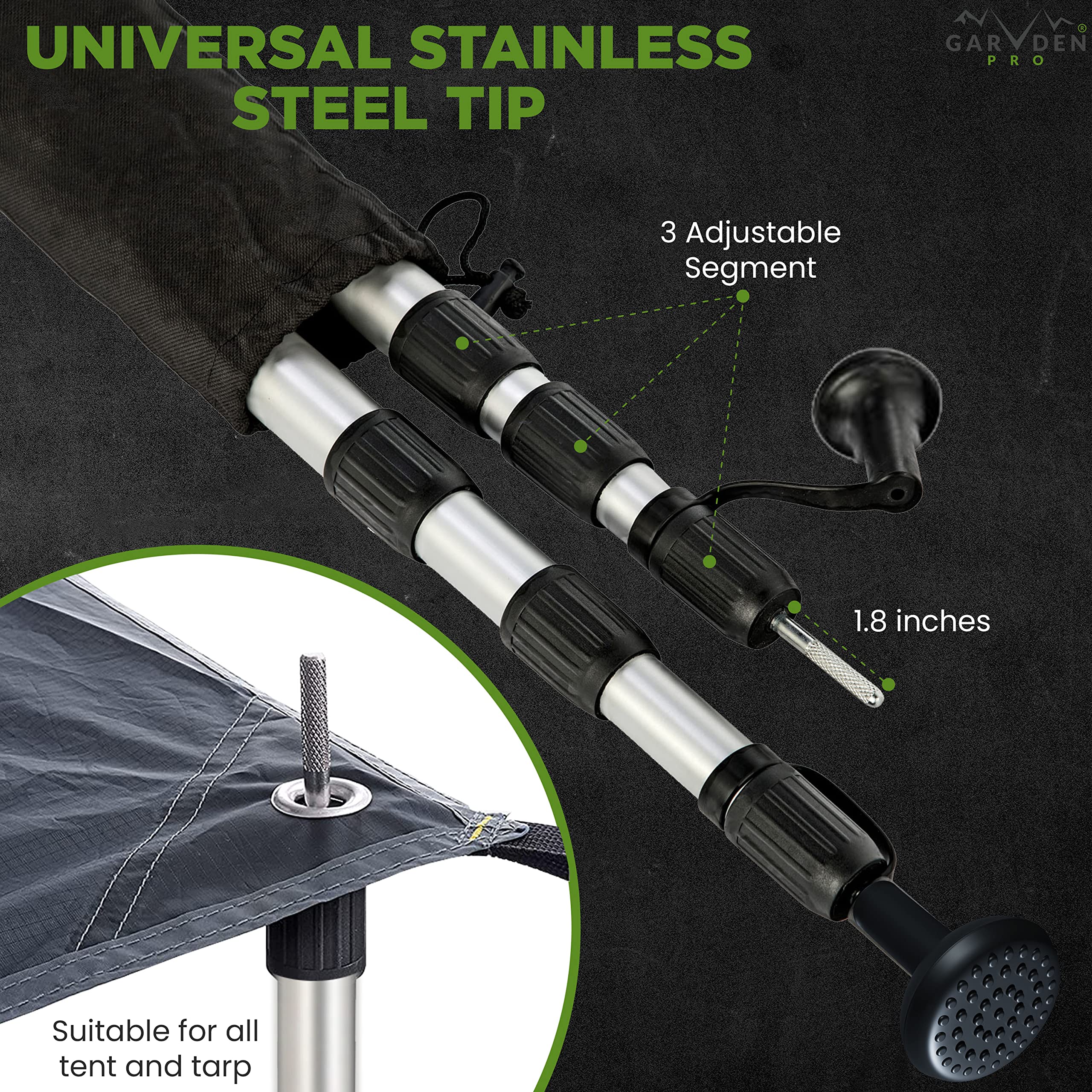 Telescoping Tarp Poles | Replacement Canopy Adjustable Aluminum Rods, Portable & Lightweight for Tent Fly, Awning, Outdoor Camping, Hiking, Backpacking & Rainfly + Pegs & Reflective Ropes