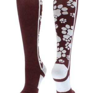 Crazy Socks with Paws Over the Calf (Maroon/White, Small)