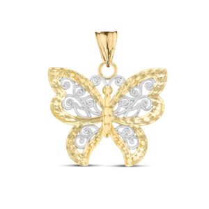 animal kingdom two tone 10k white and yellow gold 3/4" openwork filigree milgrain sparkle cut butterfly charm - pendant only