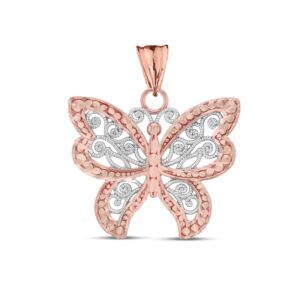 elegant 10k two-tone rose gold filigree & sparkle-cut butterfly charm pendant