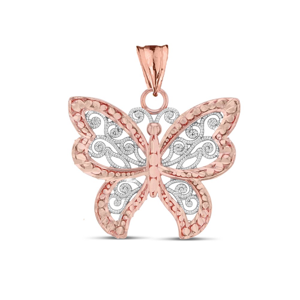 Elegant 10k Two-Tone Rose Gold Filigree & Sparkle-Cut Butterfly Charm Pendant