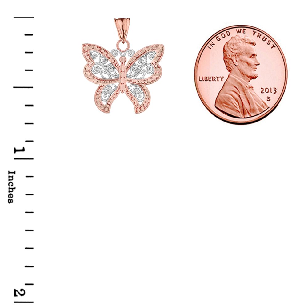 Elegant 10k Two-Tone Rose Gold Filigree & Sparkle-Cut Butterfly Charm Pendant