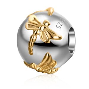 paiyuan gold plated dragonfly charms authentic 925 sterling silver insect round charm for european bracelet