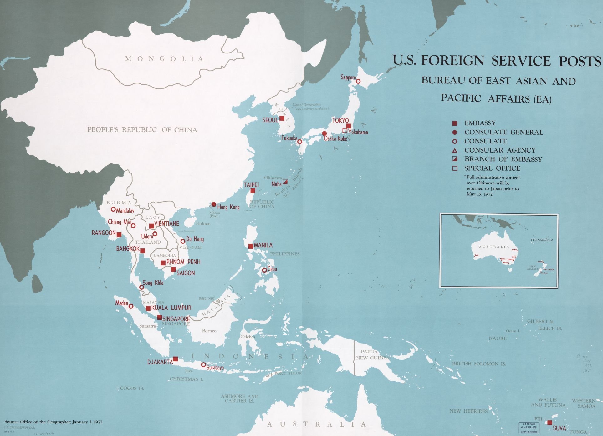 18" x 24" 1972 Map Of The United States Foreign Service Posts Bureau Of East Asian & Pacific Affairs