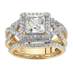 palmbeach yellow gold-plated or platinum-plated sterling silver princess cut cubic zirconia 3 piece halo crossover bridal ring set size 9