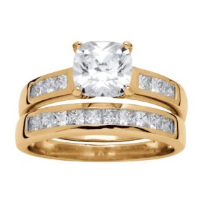 palmbeach 18k yellow gold or platinum plated sterling silver 2 piece cushion cut cubic zirconia bridal ring set size 10