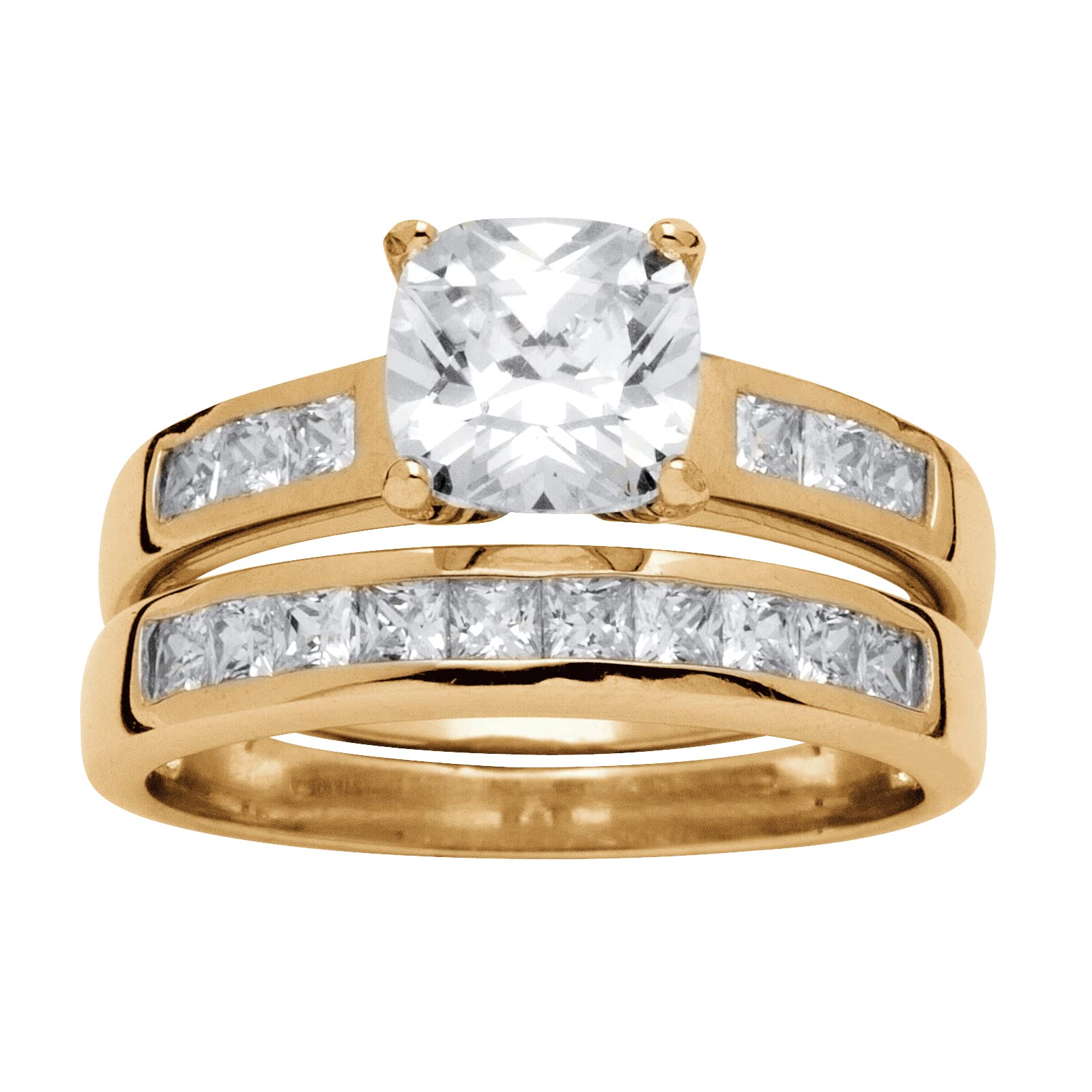 PalmBeach 18K Yellow Gold or Platinum Plated Sterling Silver 2 Piece Cushion Cut Cubic Zirconia Bridal Ring Set Size 10