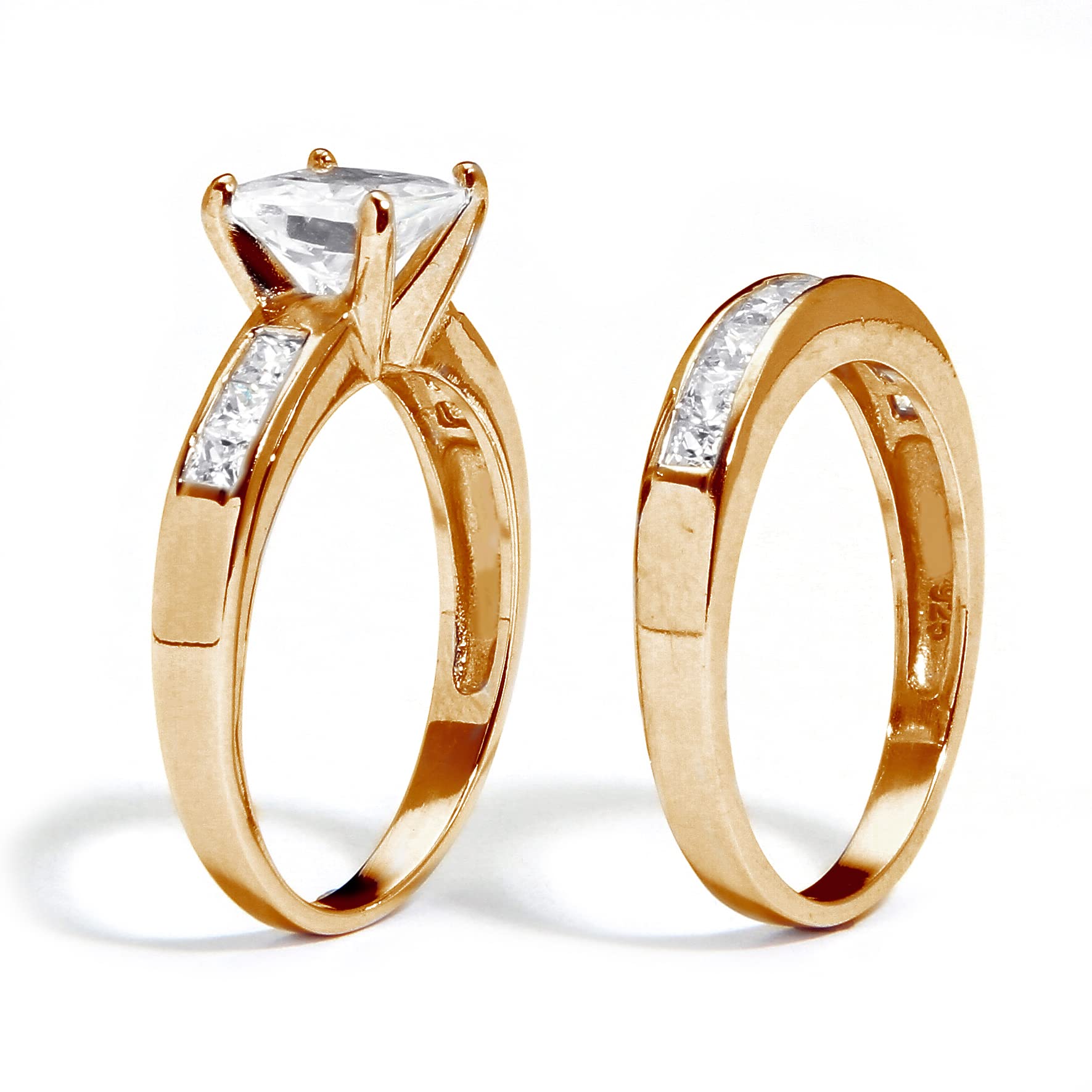 PalmBeach 18K Yellow Gold or Platinum Plated Sterling Silver 2 Piece Cushion Cut Cubic Zirconia Bridal Ring Set Size 10