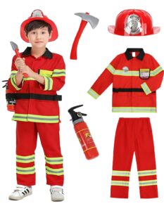 yolsun fireman costume for kids, boys' and girls' firefighter dress up, fire fighter with toy accessories set halloween role play(red,4-5 years)