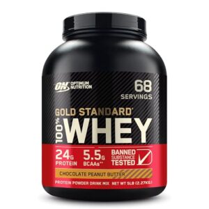 optimum nutrition gold standard 100% whey protein powder, chocolate peanut butter, 5 pound (pack of 1) (packaging may vary)