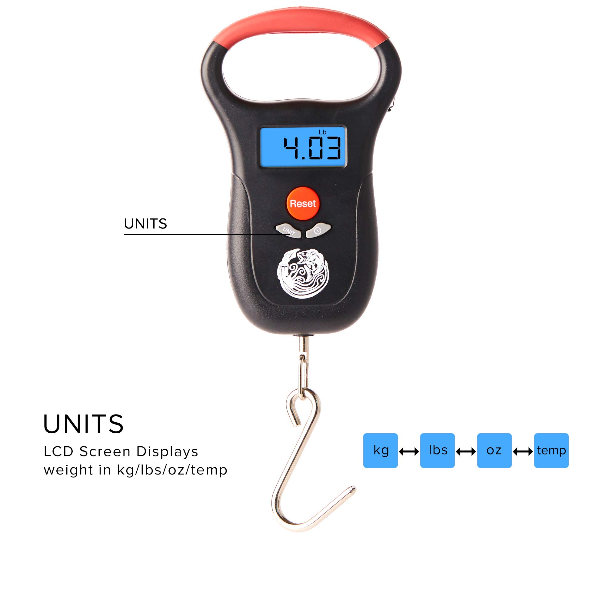 Kraken Bass Fish Scale - Fish Scales Digital Weight with Backlit LCD Display, Fishing Scale with Measurable Tape - Portable and Compact Design Hanging Scale, 110 lbs / 50 kg - Fishing Gifts for Men