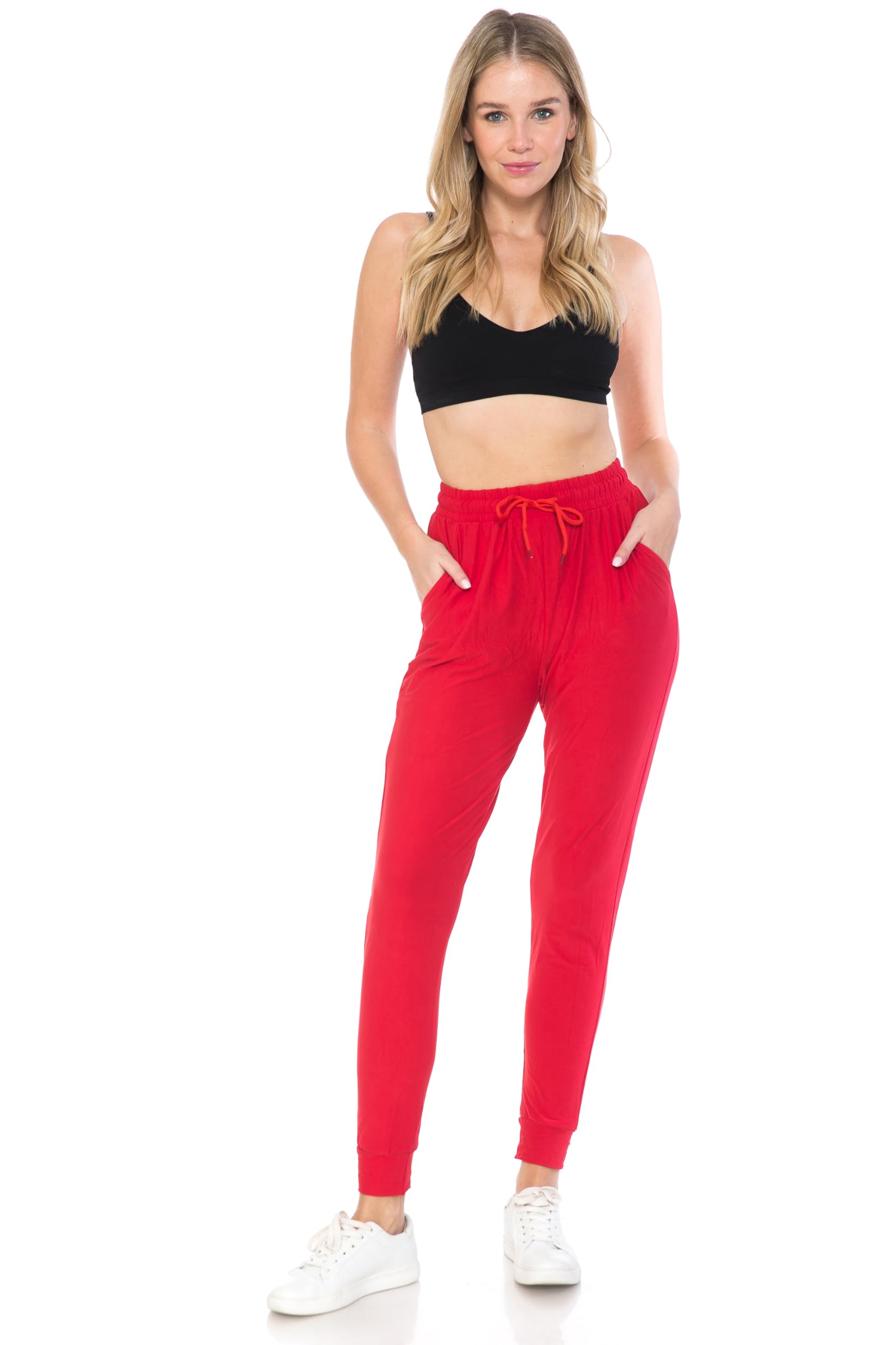 Leggings Depot Womens Relaxed fit Jogger Pants - Track Cuff Sweatpants with Pockets, Red, Small