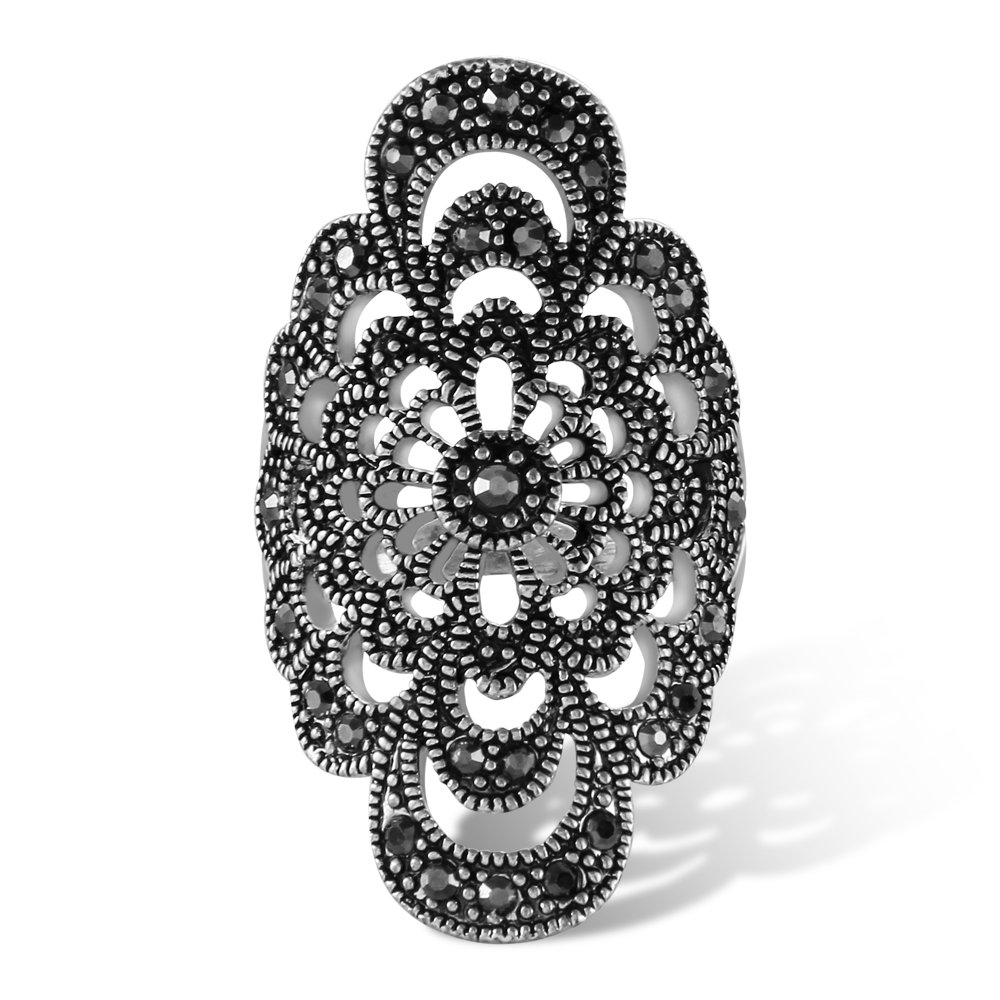 Ajojewel Vintage Hollow Flower Ladies Rings Black Rhinestone Antique Jewelry Finger Accessories (Black, 9)