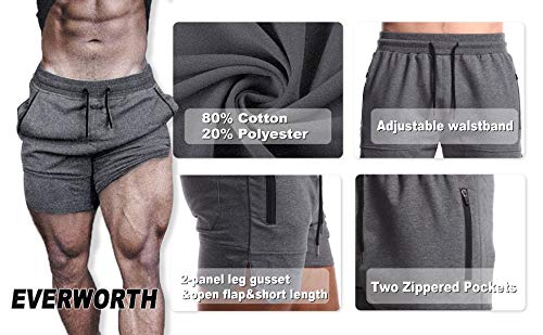 EVERWORTH Men's Solid Gym Workout Shorts Bodybuilding Running Fitted Training Jogging Short Pants with Zipper Pocket Black XL