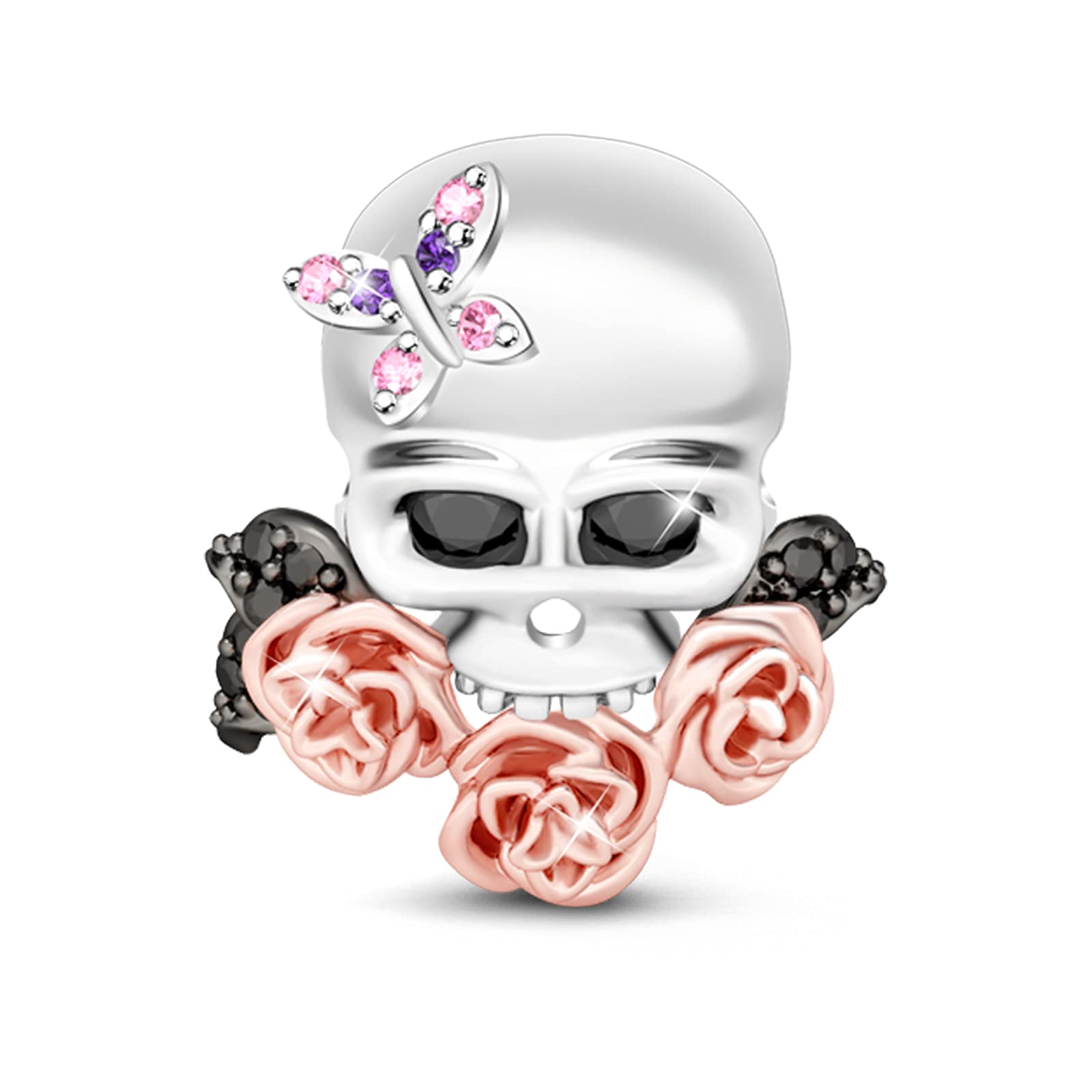 GNOCE Women's Sugar Skull Charm 925 Silver with Butterfly and Rose Gold Flowers Bracelets Charm for Women fit Bracelets Necklaces (Blooming)