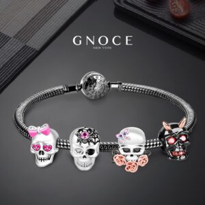 GNOCE Women's Sugar Skull Charm 925 Silver with Butterfly and Rose Gold Flowers Bracelets Charm for Women fit Bracelets Necklaces (Blooming)