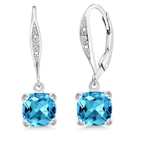 Gem Stone King 925 Sterling Silver Swiss Blue Topaz and White Diamond Earrings For Women (3.71 Cttw, Gemstone November Birthstone, Cushion 7MM)