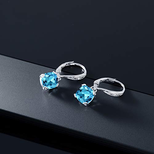 Gem Stone King 925 Sterling Silver Swiss Blue Topaz and White Diamond Earrings For Women (3.71 Cttw, Gemstone November Birthstone, Cushion 7MM)