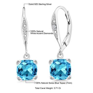 Gem Stone King 925 Sterling Silver Swiss Blue Topaz and White Diamond Earrings For Women (3.71 Cttw, Gemstone November Birthstone, Cushion 7MM)