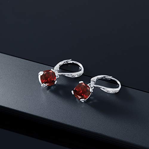 Gem Stone King 925 Sterling Silver Red Garnet and White Diamond Earrings For Women (3.71 Cttw, Gemstone January Birthstone, Cushion 7MM)