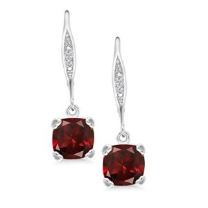 Gem Stone King 925 Sterling Silver Red Garnet and White Diamond Earrings For Women (3.71 Cttw, Gemstone January Birthstone, Cushion 7MM)