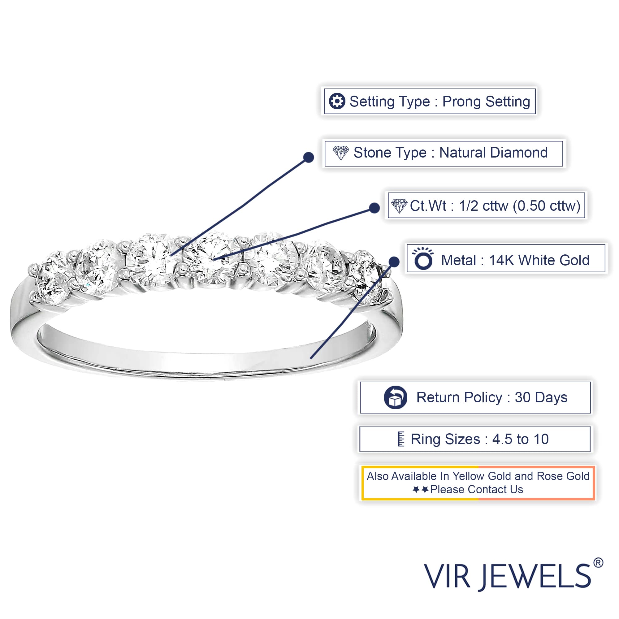 Vir Jewels 1/2 carat (ctw) Diamond Wedding Anniversary Band for Women, Round Diamond Engagement Ring 14K White Gold Prong Set 0.50 cttw, Size 6.5