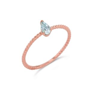 Dainty 14k Rose Gold Solitaire Aquamarine Pear-Shaped Modern Engagement Rope Ring (Size 6.25)