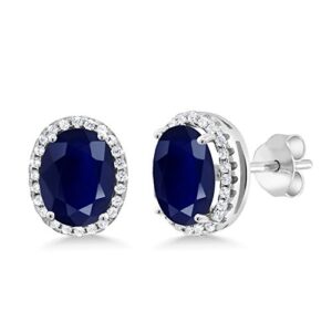 Gem Stone King 925 Sterling Silver Blue Sapphire Halo Earrings For Women (5.48 Cttw, Gemstone Birthstone, Oval 9X7MM)