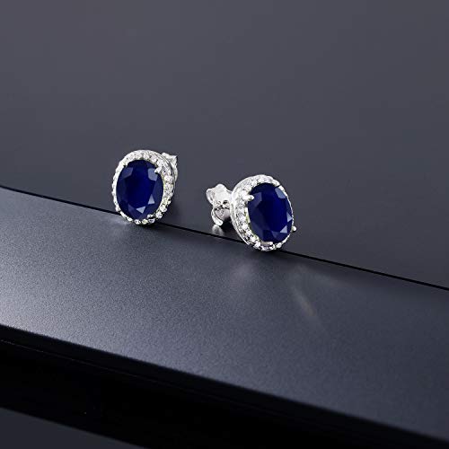 Gem Stone King 925 Sterling Silver Blue Sapphire Halo Earrings For Women (5.48 Cttw, Gemstone Birthstone, Oval 9X7MM)