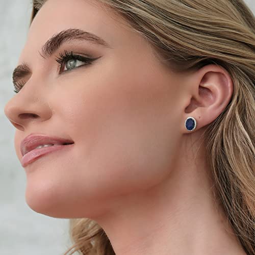 Gem Stone King 925 Sterling Silver Blue Sapphire Halo Earrings For Women (5.48 Cttw, Gemstone Birthstone, Oval 9X7MM)