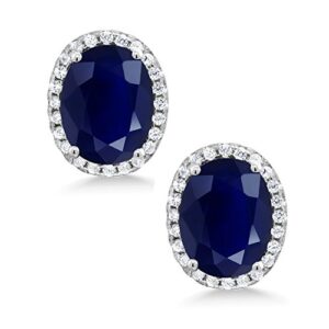 Gem Stone King 925 Sterling Silver Blue Sapphire Halo Earrings For Women (5.48 Cttw, Gemstone Birthstone, Oval 9X7MM)