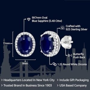 Gem Stone King 925 Sterling Silver Blue Sapphire Halo Earrings For Women (5.48 Cttw, Gemstone Birthstone, Oval 9X7MM)