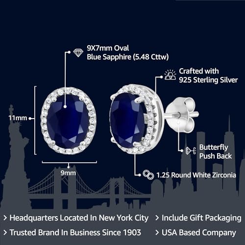 Gem Stone King 925 Sterling Silver Blue Sapphire Halo Earrings For Women (5.48 Cttw, Gemstone Birthstone, Oval 9X7MM)