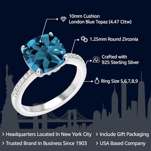 Gem Stone King 925 Sterling Silver 10MM Cushion Cut Gemstone Birthstone Engagement Ring | Wedding Anniversary Promise Ring For Women | Available In Size 5, 6, 7, 8, 9