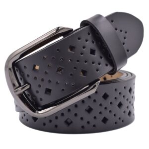 vonsely hollow leather belts for women, soft leather womens belts with pin buckle (1.5" wide black)