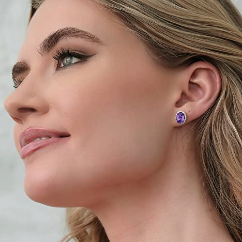 Gem Stone King 925 Sterling Silver Purple Amethyst Halo Earrings For Women (3.80 Cttw, Gemstone Birthstone, Oval 9X7MM)