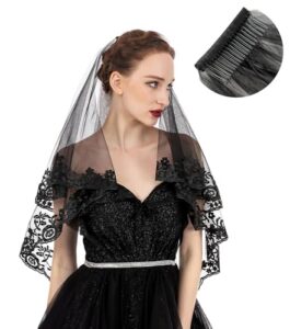 pamor black lace veil creative mantilla cathedral tulle sheer wedding halloween veil for bride with comb