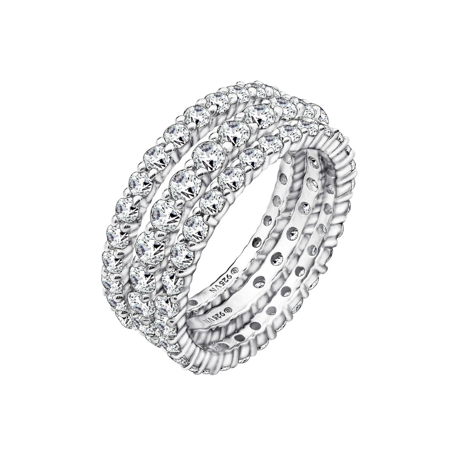 DIAMONBLISS Cubic Zirconia Clear 4.24 Carats 3 Band Ring Set, Rhodium Plated Sterling Silver (9)