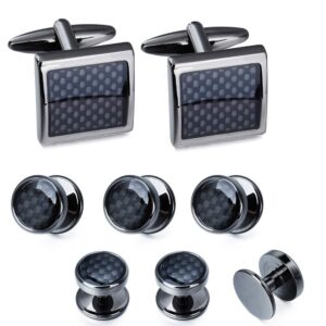 mens cufflinks and tuxedo studs set in gift box (carbon fiber), jewelry or accessories in gold silver black tone, matching with shirts vest and bow tie, suitable for birthday wedding anniversary