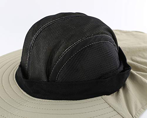 LLmoway Mens Outdoor Sun Protection Cap Wide Brim Breathable Mesh Boonie Hat with Neck Flap Khaki