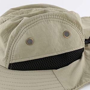 LLmoway Mens Outdoor Sun Protection Cap Wide Brim Breathable Mesh Boonie Hat with Neck Flap Khaki