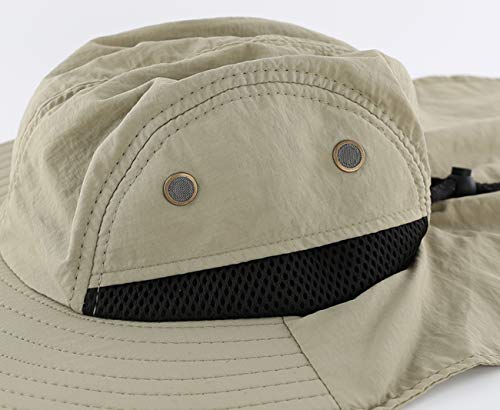 LLmoway Mens Outdoor Sun Protection Cap Wide Brim Breathable Mesh Boonie Hat with Neck Flap Khaki