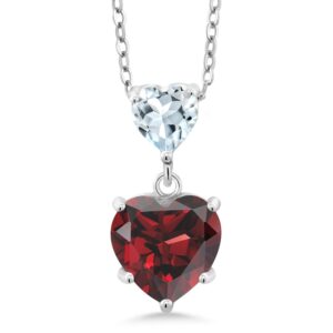 gem stone king 925 sterling silver red garnet and sky blue aquamarine double heart pendant necklace for women (2.42 cttw, heart 8mm and 5mm, with 18 inch silver chain)