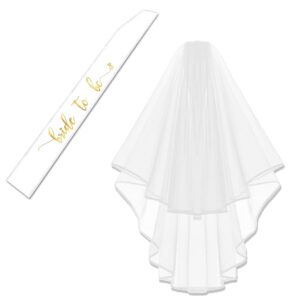 kung fu party bachelorette white double ribbon edge center cascade bridal wedding veil with comb& bride to be satin sash (white veil+white sash)