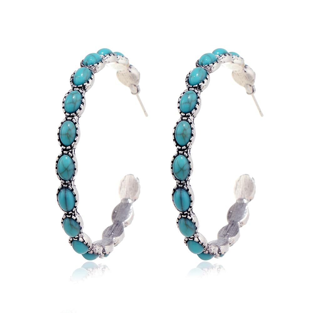 Turquoise Bohemian Metal Hoop Fashion Earring, Silver-Tone Faux Turquoise Hoop Earrings