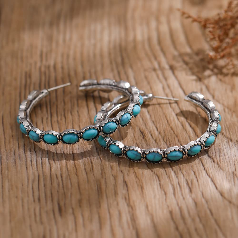 Turquoise Bohemian Metal Hoop Fashion Earring, Silver-Tone Faux Turquoise Hoop Earrings